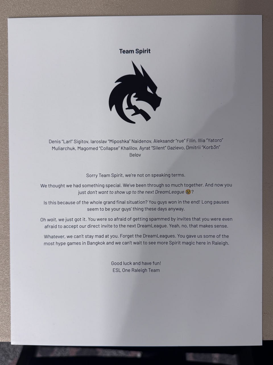 ESL unexpectedly reached out to Team Spirit following their refusal to play in the tournament ...